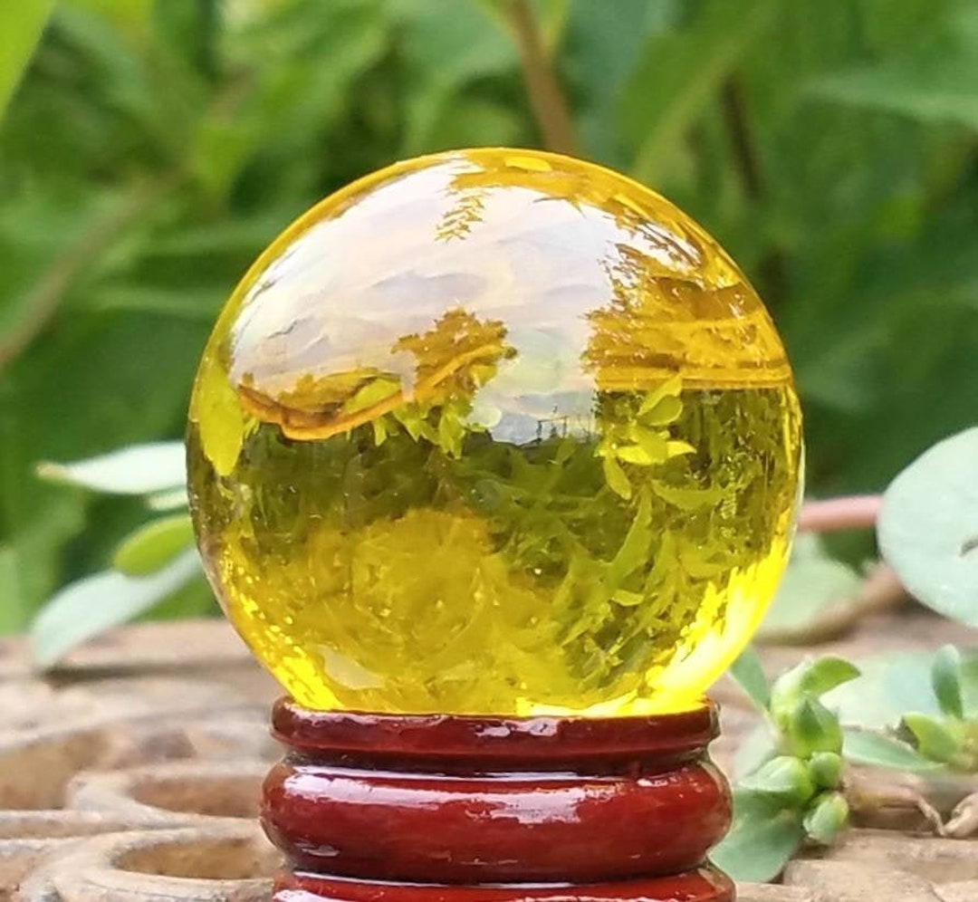 Yellow Glass Crystal Ball Wood Stand 40mm Divination Gazing Sphere ...