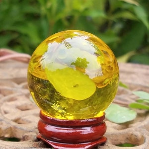 Yellow Glass Crystal Ball Wood Stand 40mm Divination Gazing Sphere ...