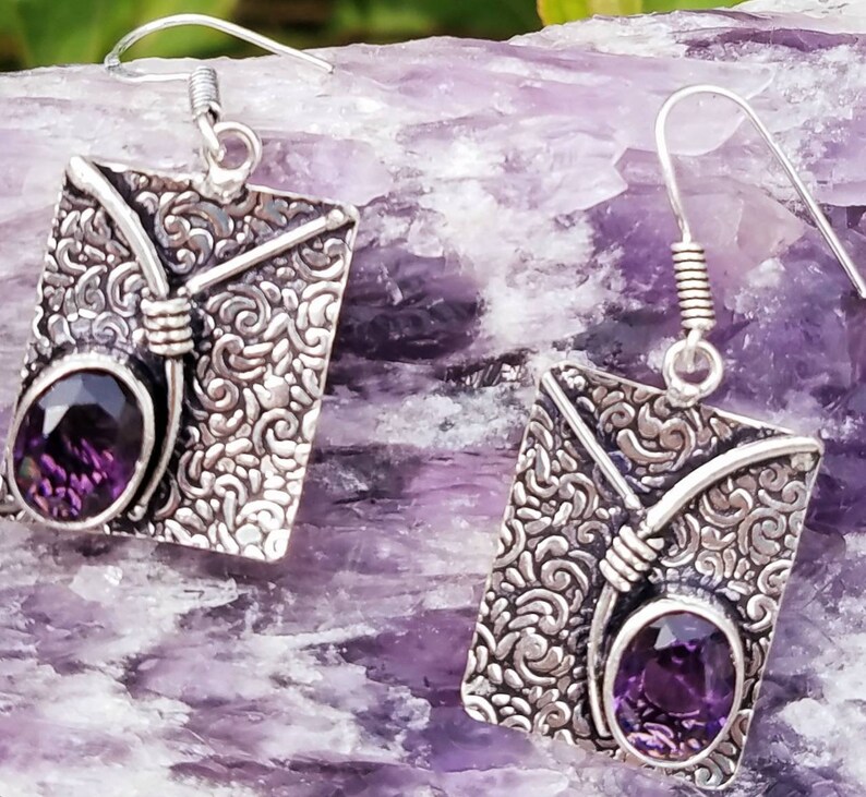 Earrings Real Amethyst Gemstone Ethnic Bali Sterling Silver | Etsy