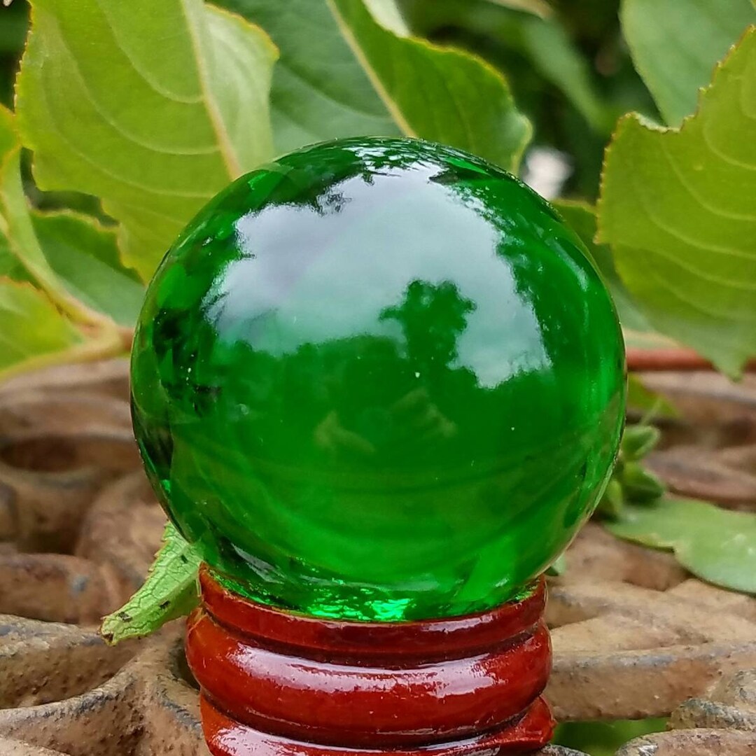 Emerald Green Glass Crystal Ball Wood Stand 40mm Divination Gazing ...