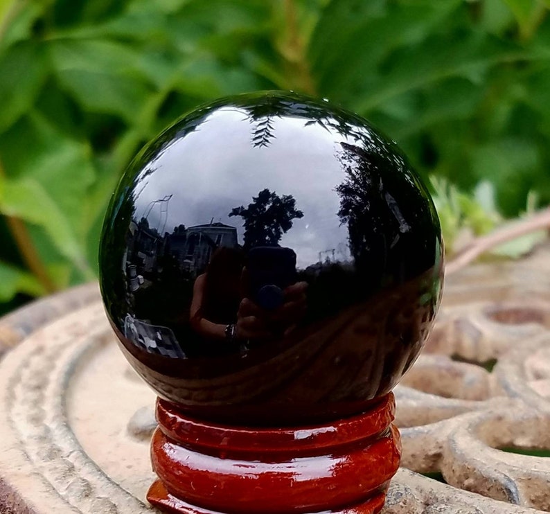 Black Glass Crystal Ball Wood Stand 40mm Divination Gazing | Etsy