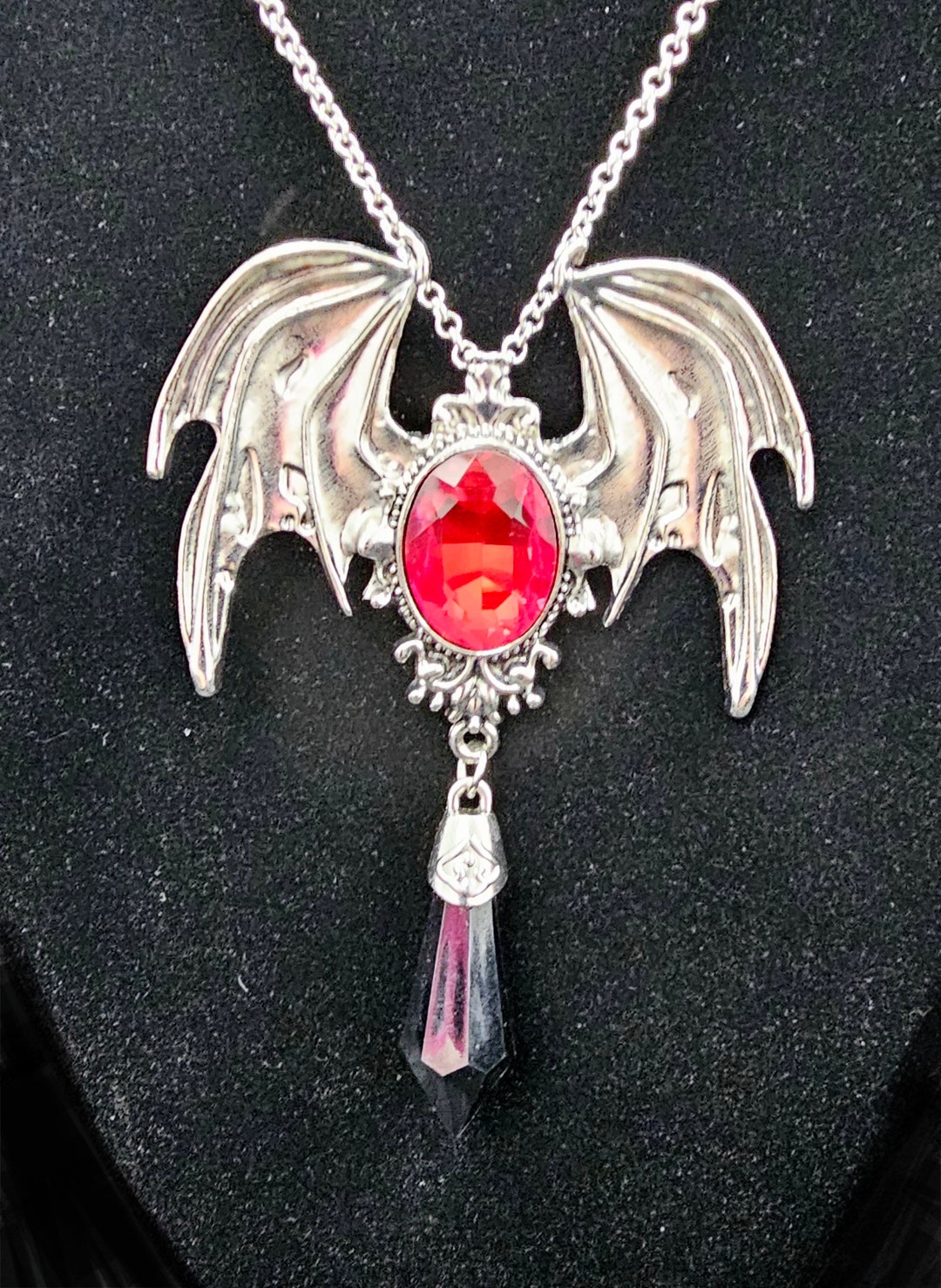 Large Gothic Bat Necklace Red Silver Pagan Wicca Witch Charm Pendant ...