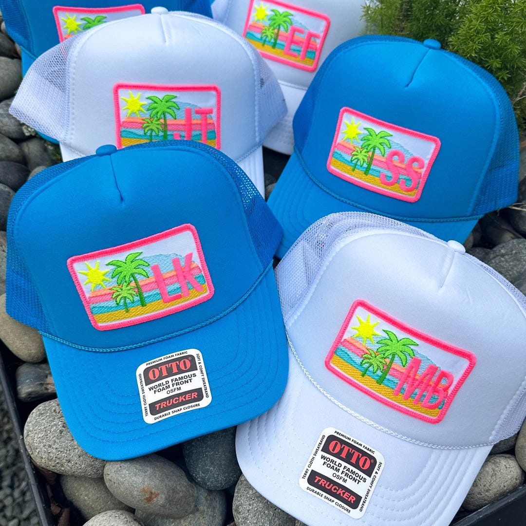 Palm Trees and Initials Custom Trucker Patch Hat, Island Beach Trip ...