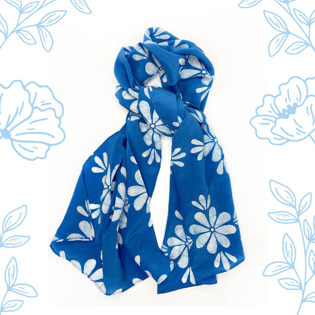 Blue Daisies Silk Scarf, Spring Fashion Accessory, Batik Fashion Scarf ...