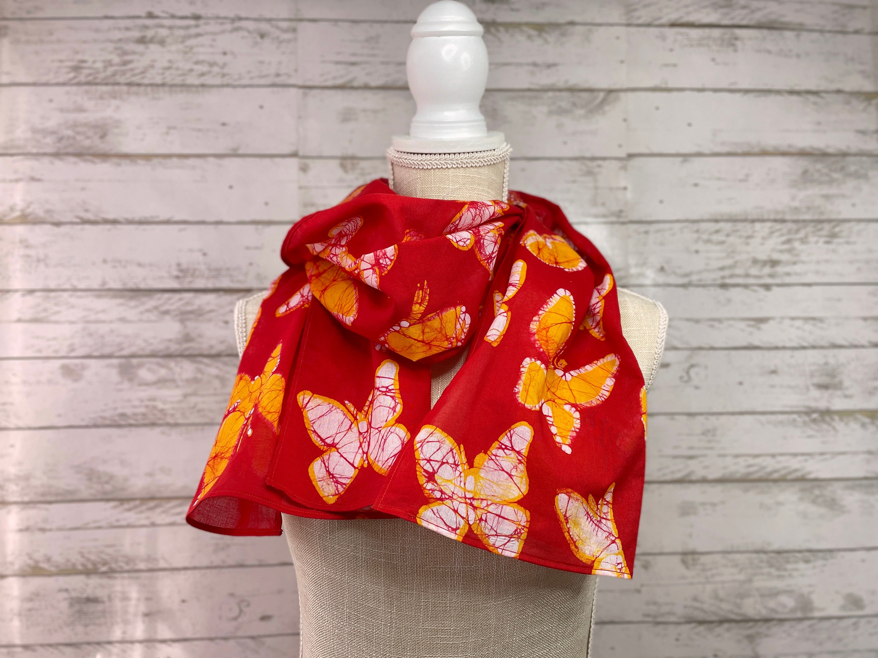 Red Summer Scarf With Yellow and White Butterflies, Handpainted Batik ...