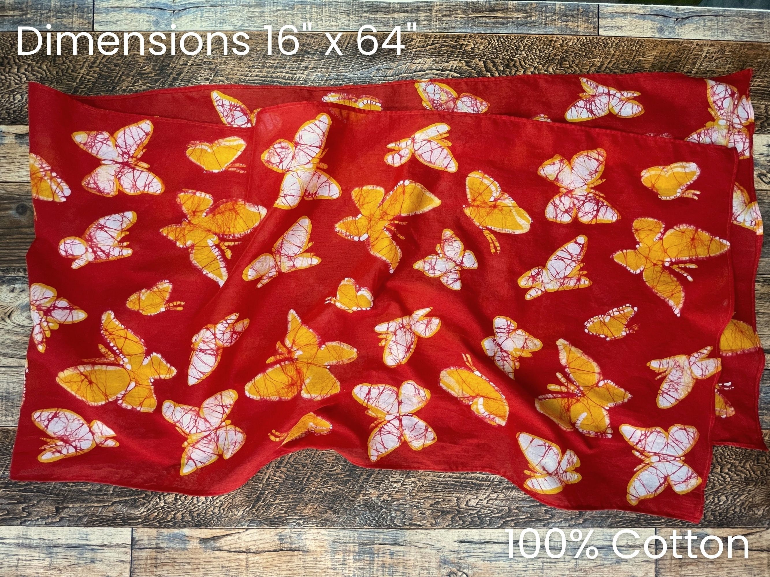 Red Summer Scarf With Yellow and White Butterflies, Handpainted Batik ...
