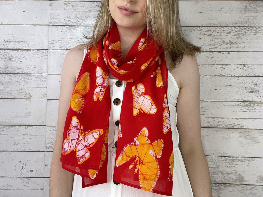 Red Summer Scarf With Yellow and White Butterflies, Handpainted Batik ...