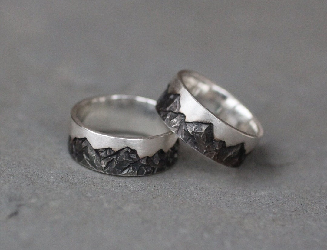 Mountain Range Wedding Rings Set, Personalized Wedding Bands, Silver ...