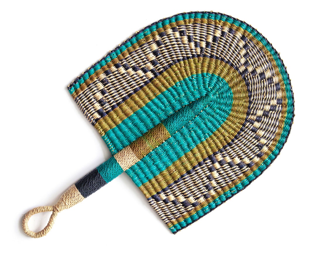 Bolga Fan - Milos - African Handwoven Decorative Fan in Teal and Olive ...