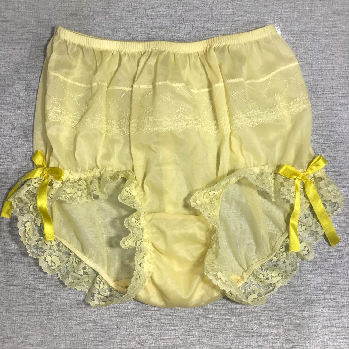 Vintage Yellow Sheer Frilly Nylon Panties Grandma Hi Cut Legs Dentelle