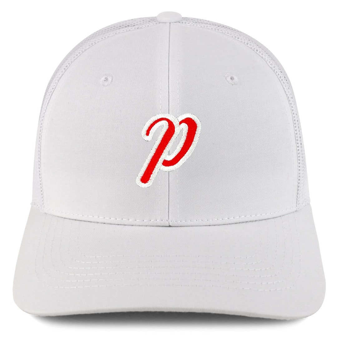 Stitchfy Letter P Script Outline 6 Panel Trucker Baseball Cap (SF ...