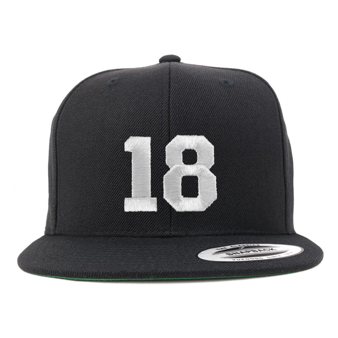 Stitchfy Number 18 White Thread Embroidered Flat Bill Snapback Baseball ...