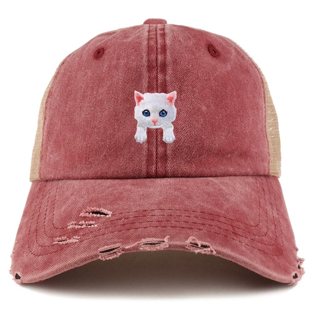 Stitchfy White Persian Cat Kitten Patch Frayed Bill Trucker Mesh Back ...
