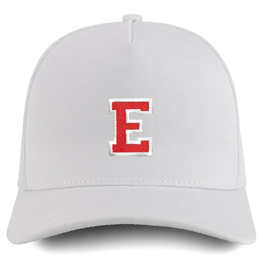 Stitchfy Letter E Varsity Font 5 Panel Structured Trucker Cap (SF ...