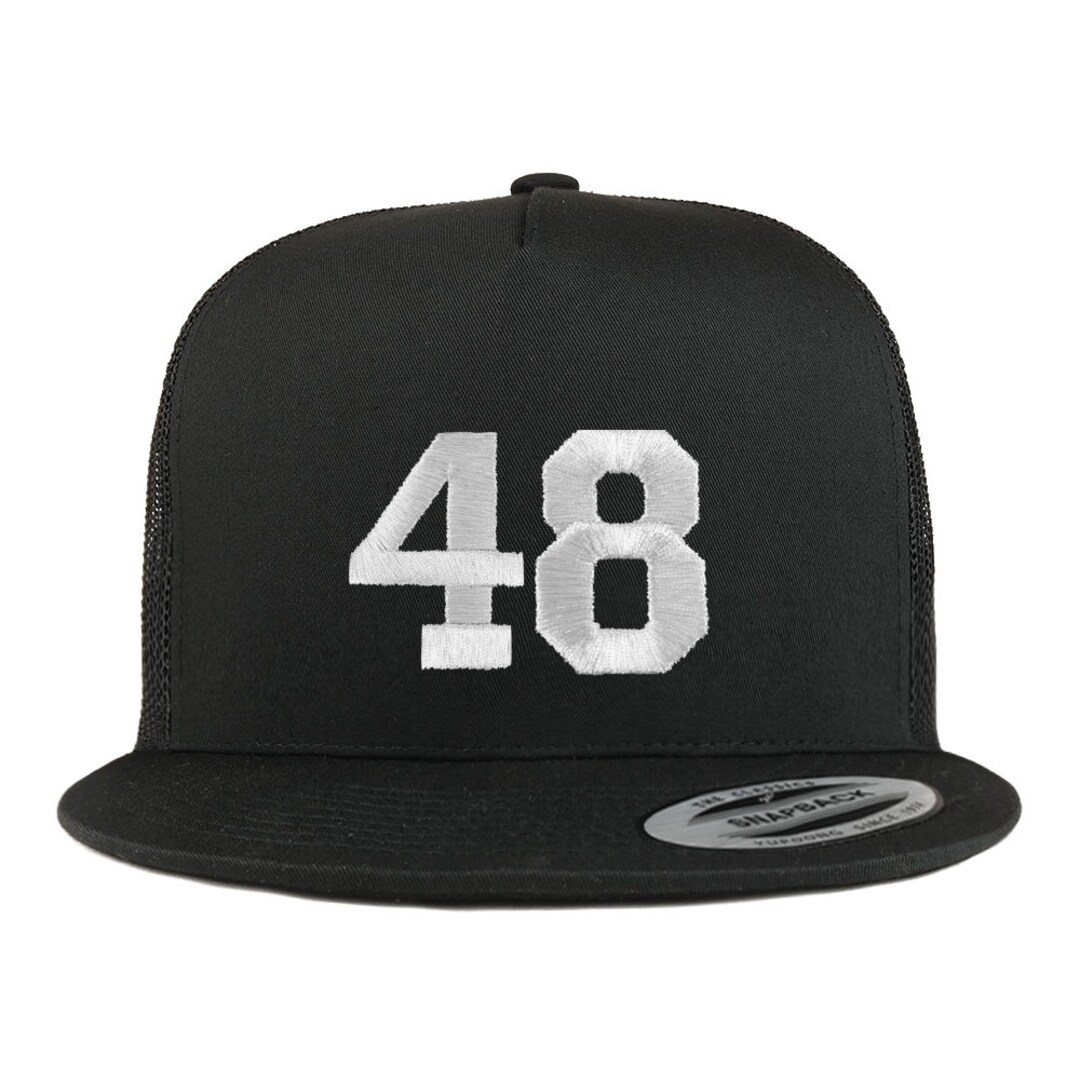 Stitchfy Number 48 White Thread Embroidered 5 Panel Flat Bill Trucker ...