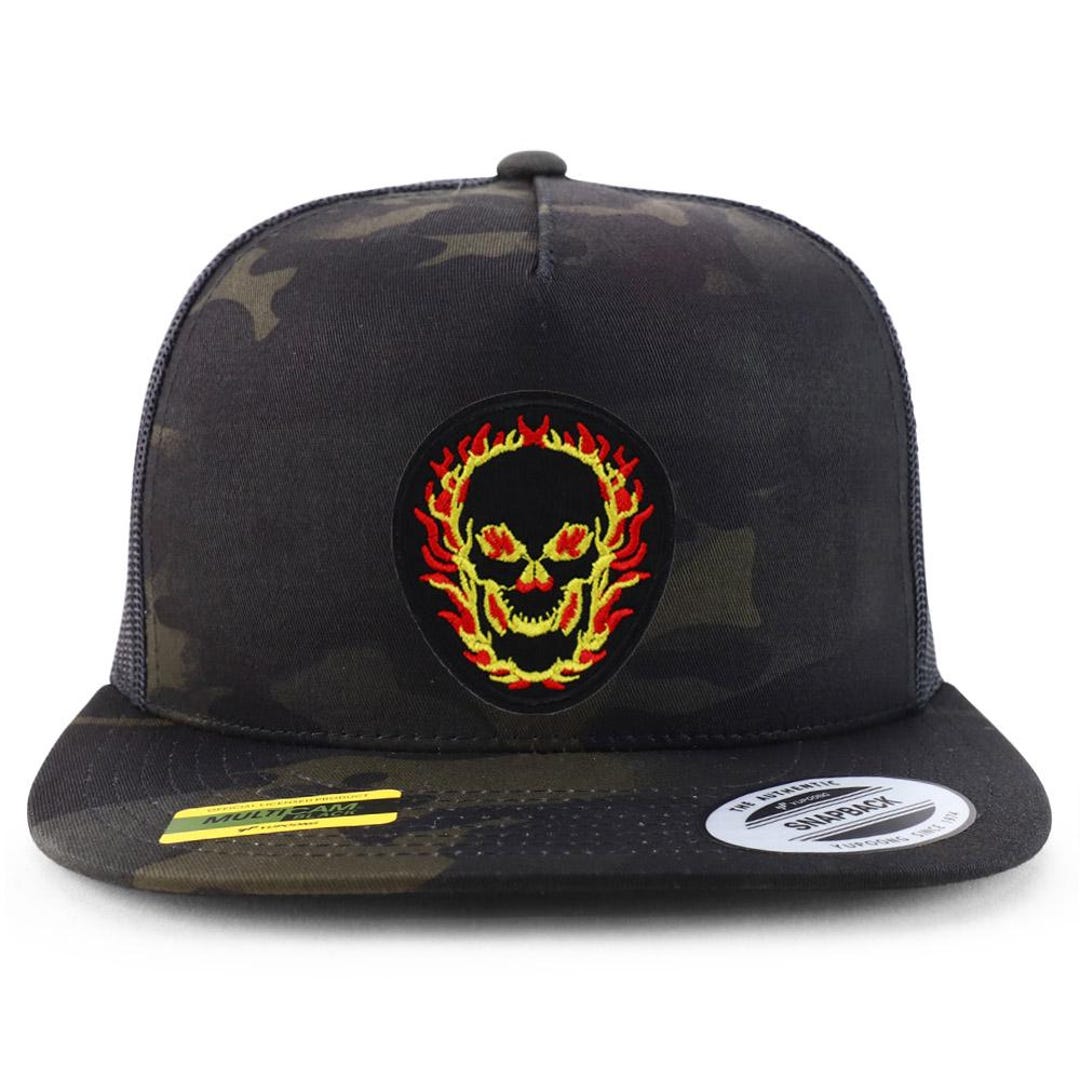 Stitchfy Flaming Black Red Skull Patch 5 Panel Flatbill Trucker Cap (SF ...
