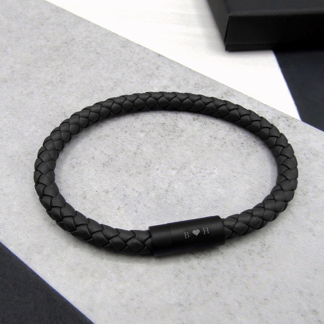 Men's Personalised Love Heart Thick Leather Bracelet - 3rd Anniversary ...
