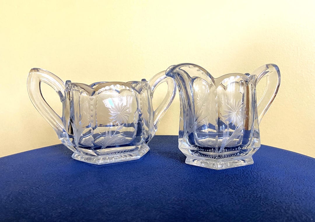 Vintage Cut Glass Sugar And Creamer Set Etched Floral Design Etsy