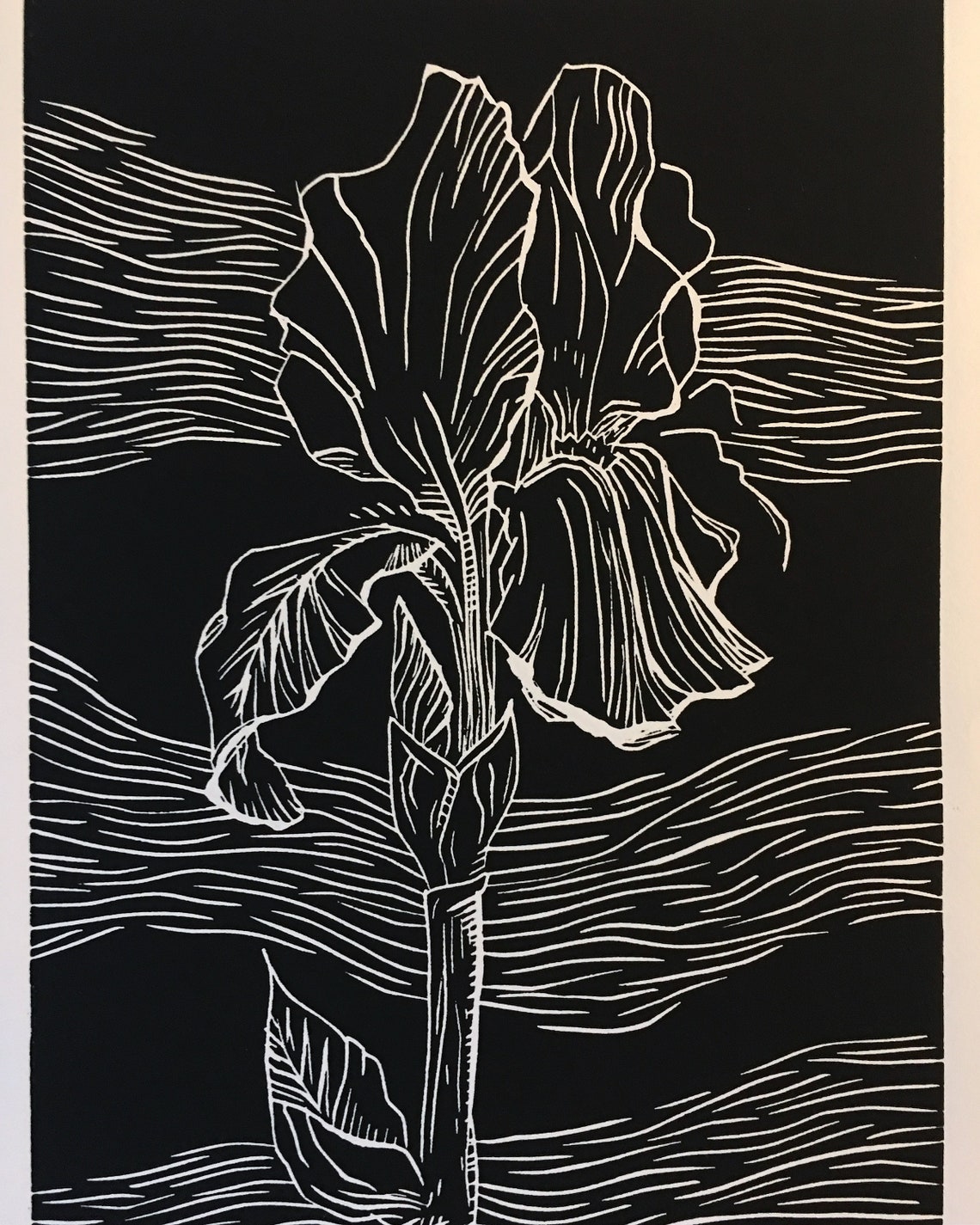 Iris | Hand Carved, Original Linocut 9x12 Relief Print in Black or Blue ...