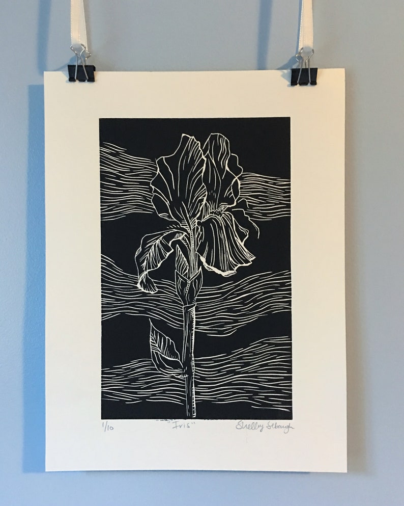 Iris | Hand Carved, Original Linocut 9x12 Relief Print in Black or Blue ...