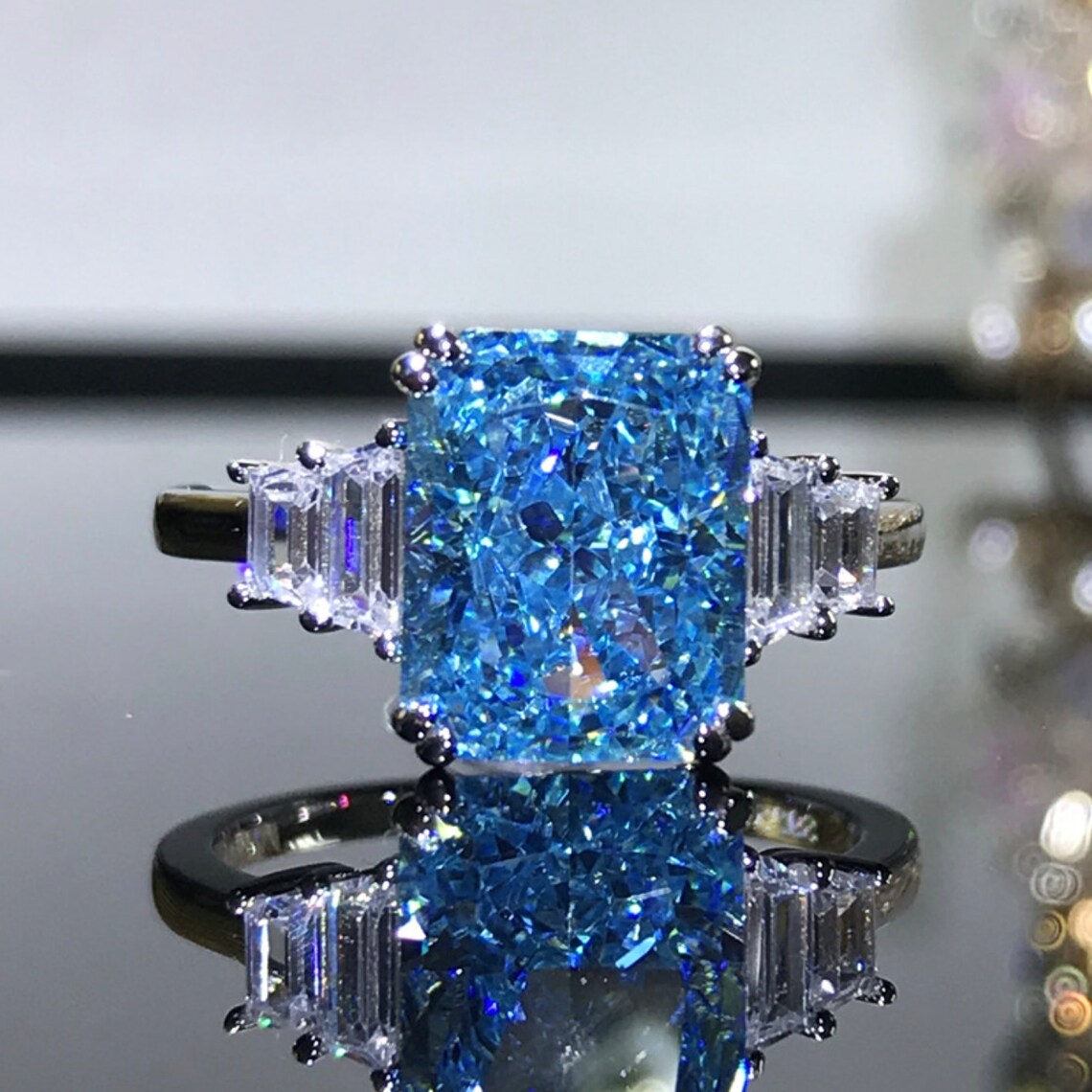 10CT Ice Blue Diamond Square Statement Ring 8x10mm 925 18KGP | Etsy