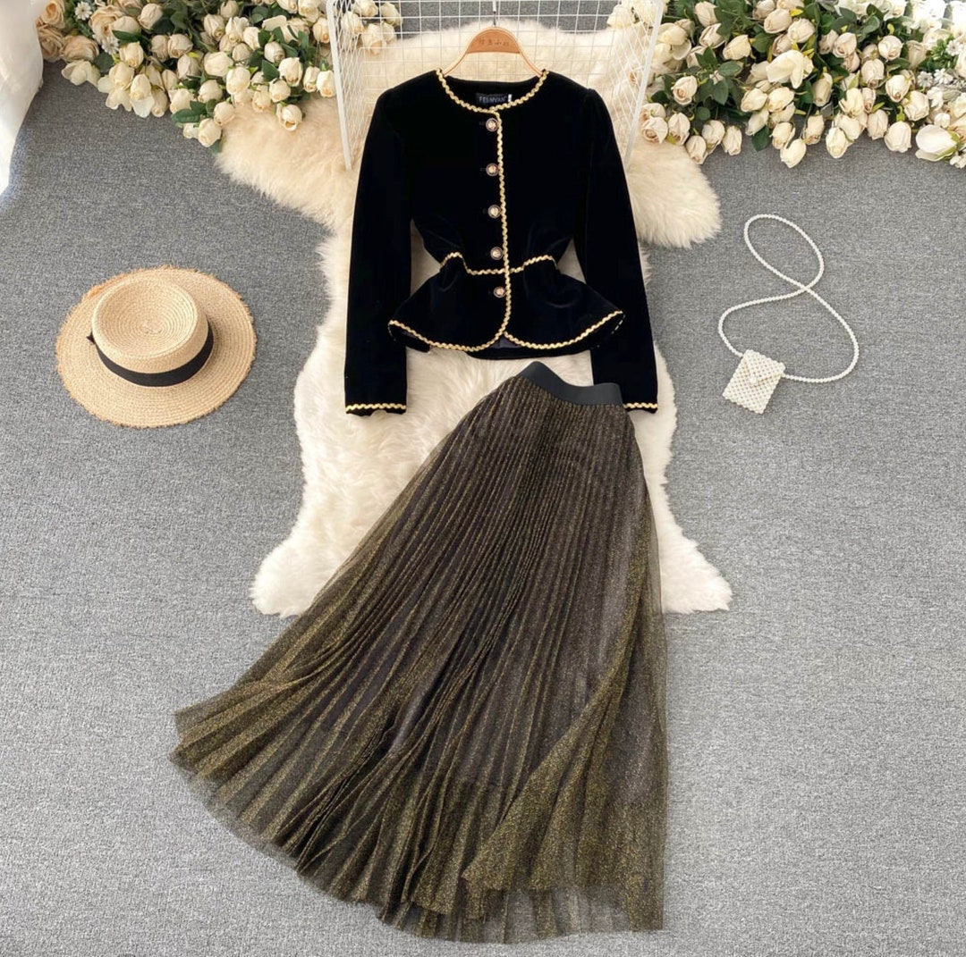 Two Piece Velvet Top With High Waist Pleated Skirt , Matching Set ...