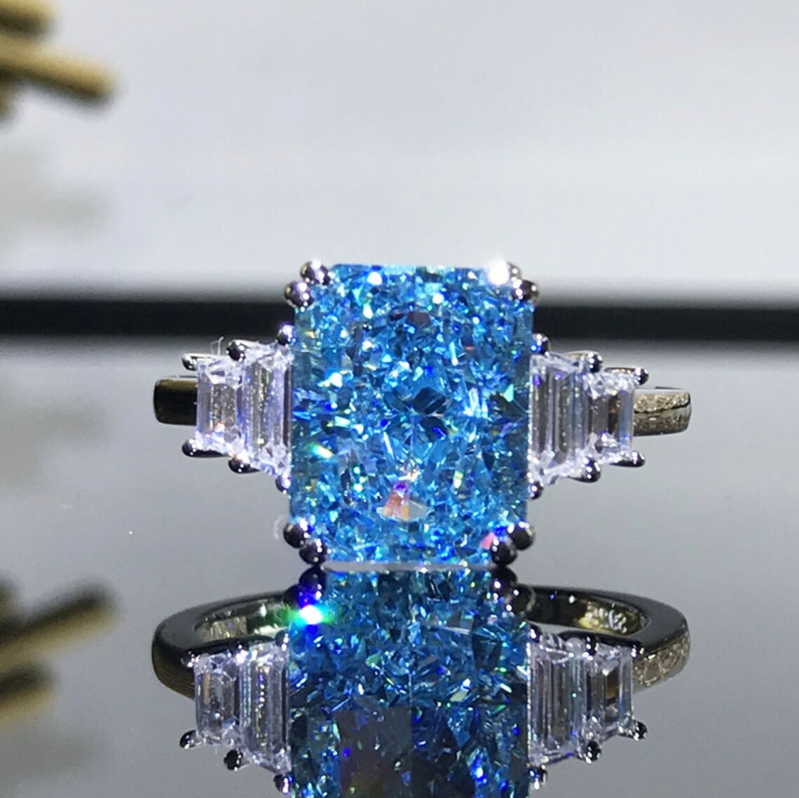 10CT Ice Blue Diamond Square Statement Ring 8x10mm 925 18KGP | Etsy