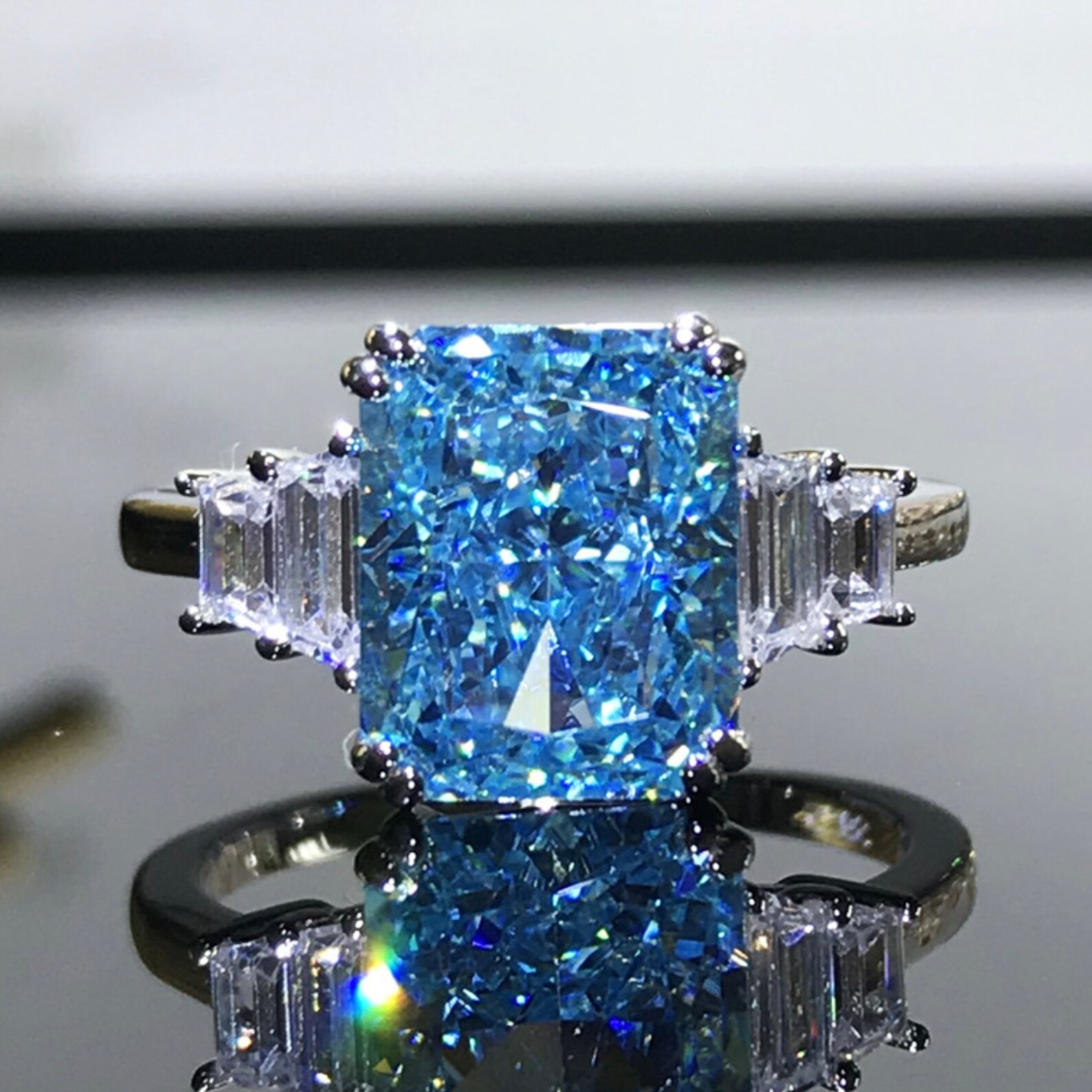 10CT Ice Blue Diamond Square Statement Ring 8x10mm 925 18KGP | Etsy