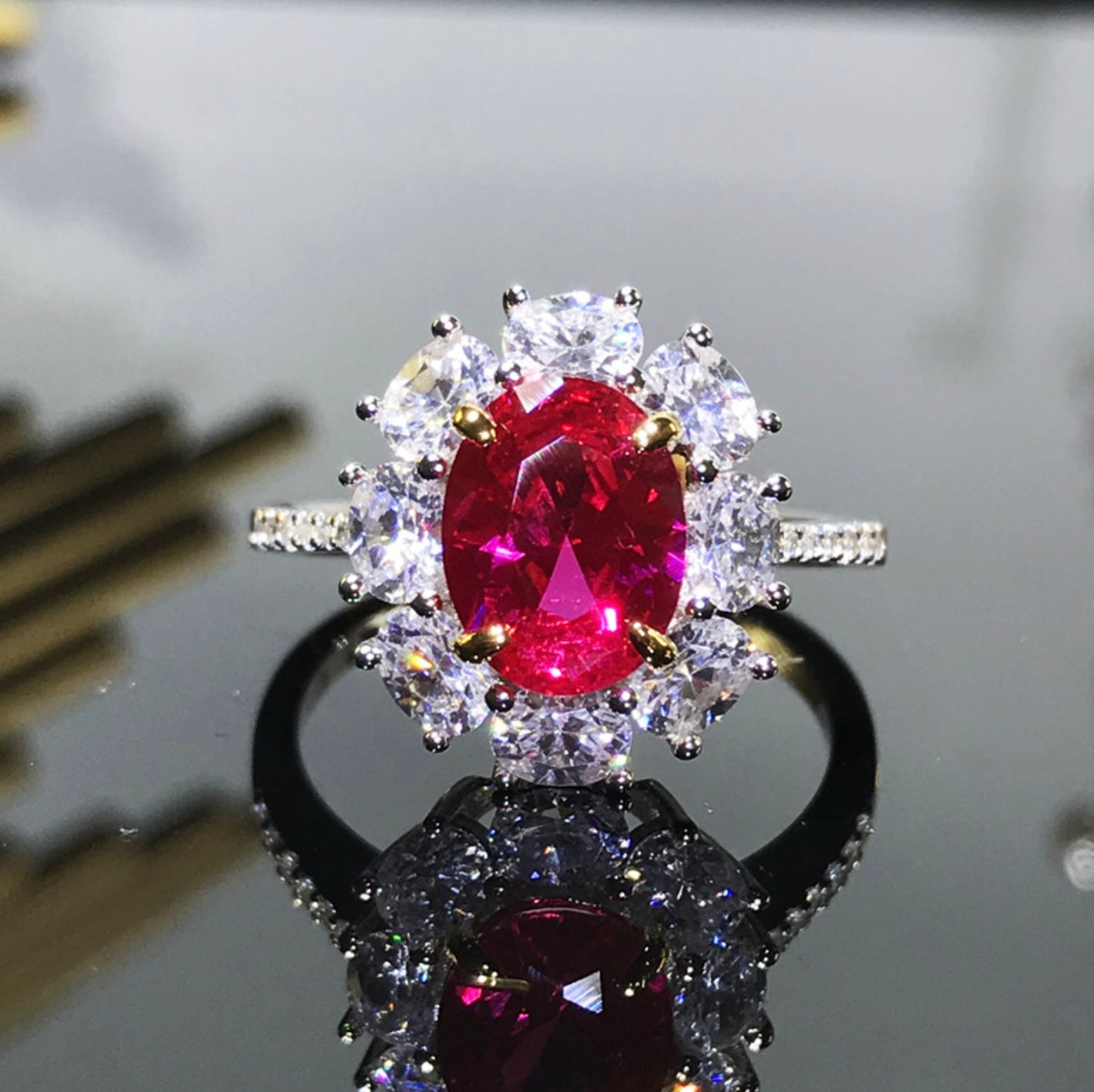 10CT Ruby Diamond Statement Ring 14x13mm 925 18KGP Silver | Etsy