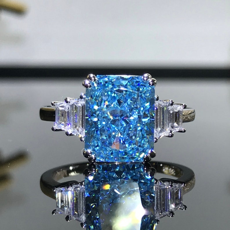 10CT Ice Blue Diamond Square Statement Ring 8x10mm 925 18KGP | Etsy