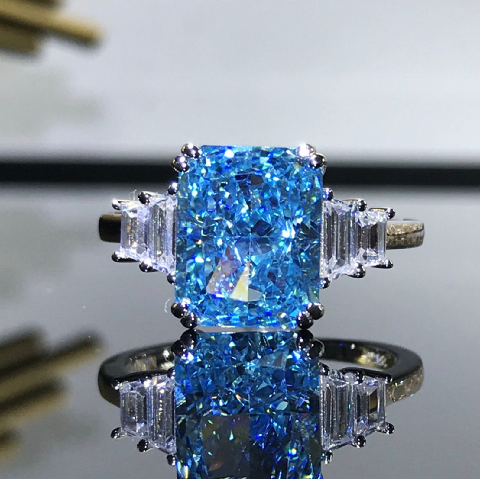 10CT Ice Blue Diamond Square Statement Ring 8x10mm 925 18KGP | Etsy