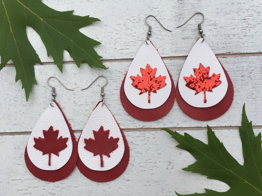 Canada Earrings, Maple Leaf Teardrop Leather Earrings, Canada Day ...