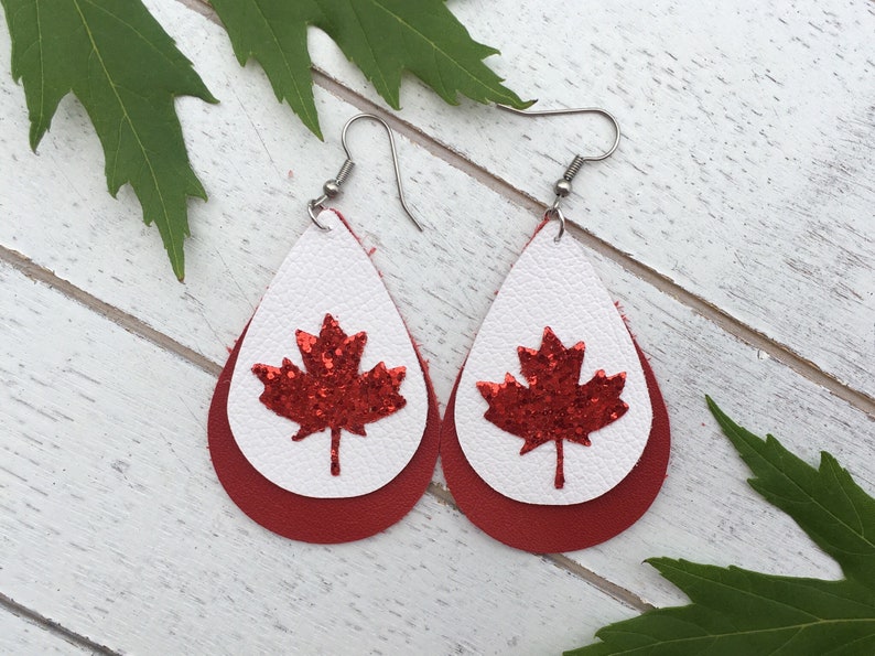 Canada Earrings, Maple Leaf Teardrop Leather Earrings, Canada Day ...