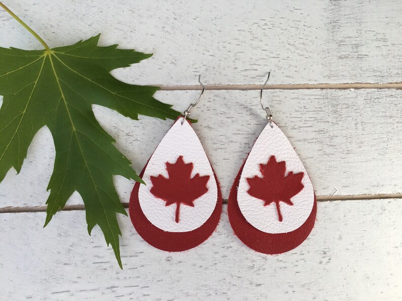 Canada Earrings, Maple Leaf Teardrop Leather Earrings, Canada Day ...