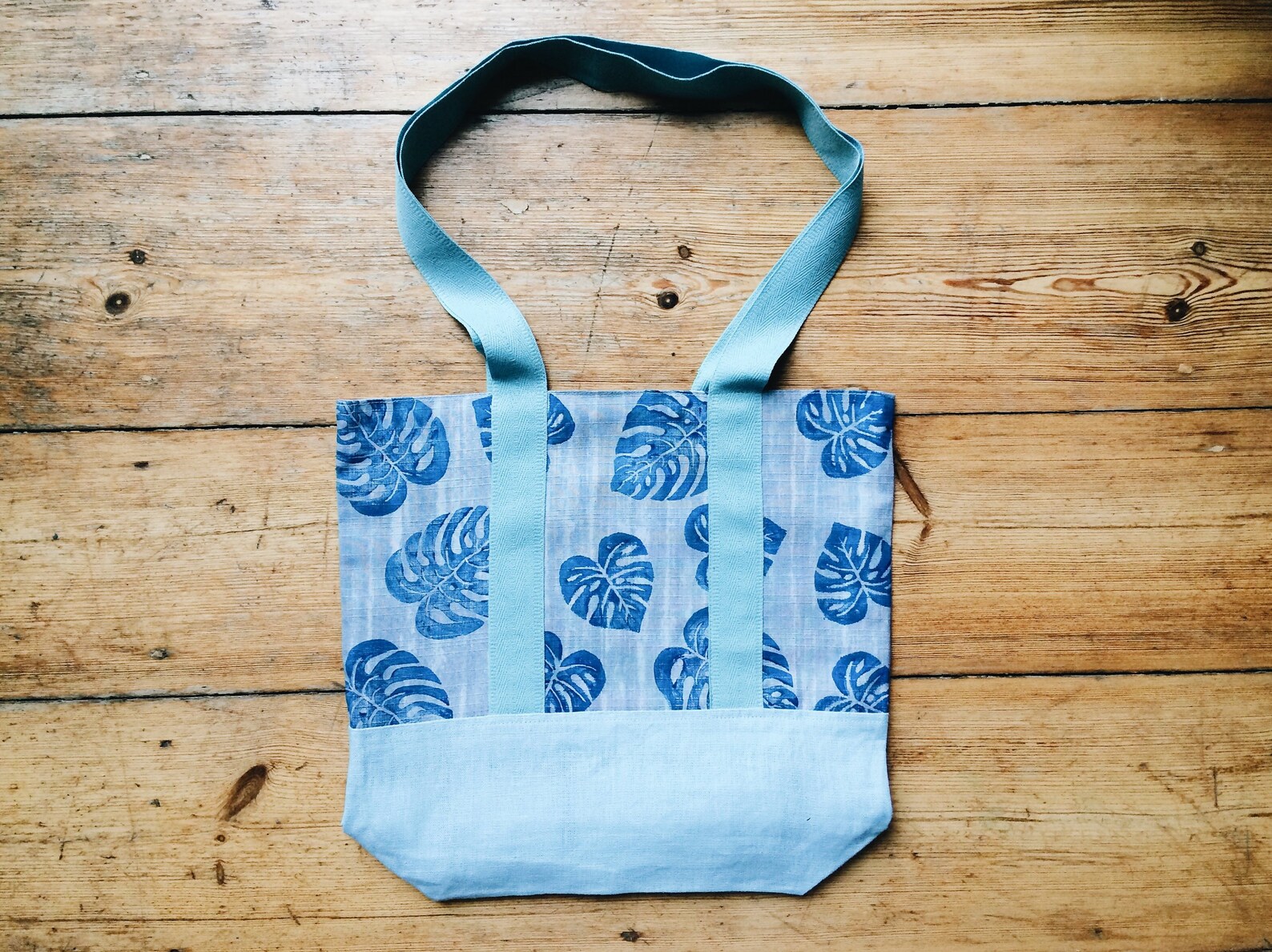 Large Monstera Shoulder Tote Bag: Handprinted Denim Monstera - Etsy