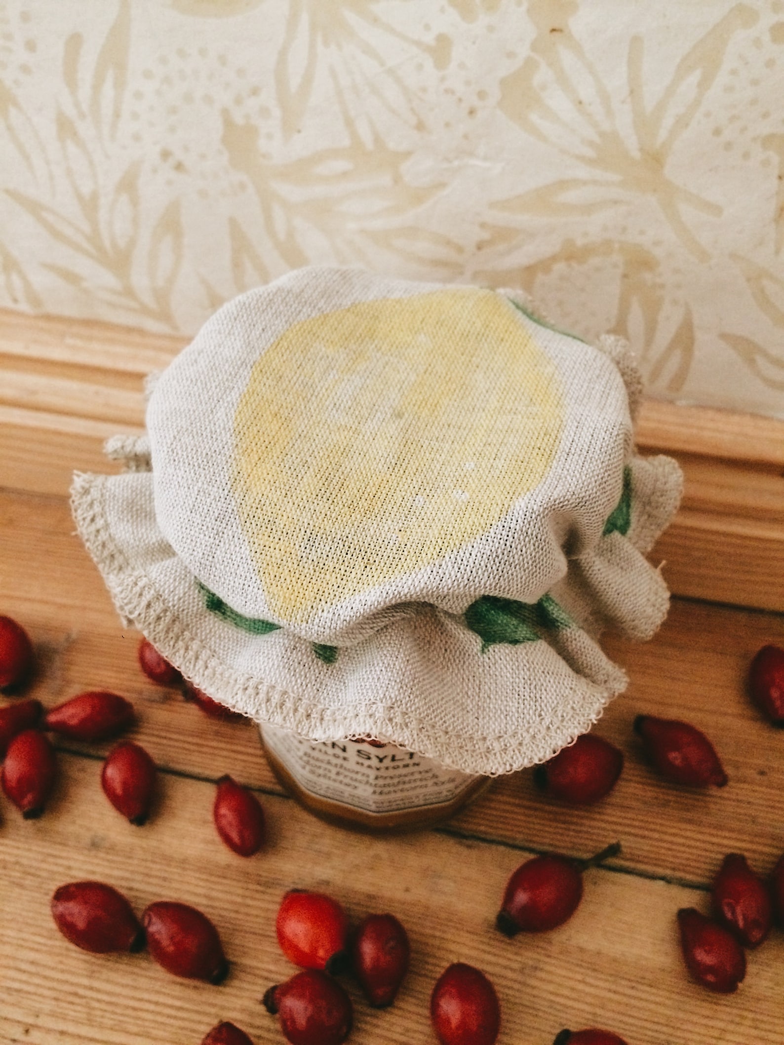 Linen Jam Jar Cover: Handprinted Lemon, Natural Pattern, Fermenting Jar ...