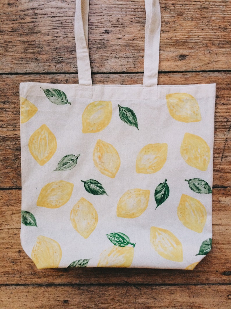 Lemon Print Cotton Tote Bag - Handprinted Shopping Organic Zero Waste ...