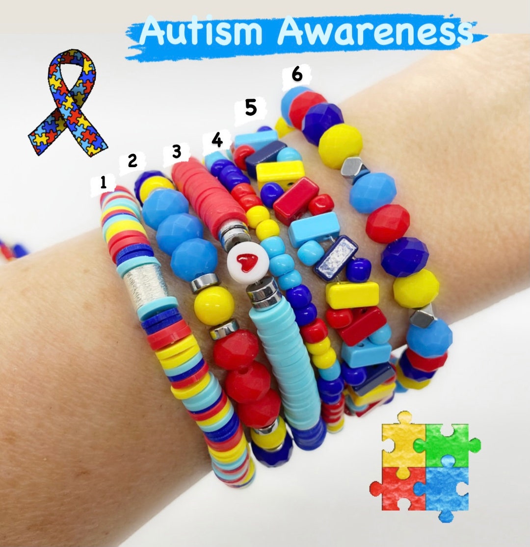 Autism Awareness Beaded Bracelet: Puzzle Piece Charm, Heishi Beads - Etsy