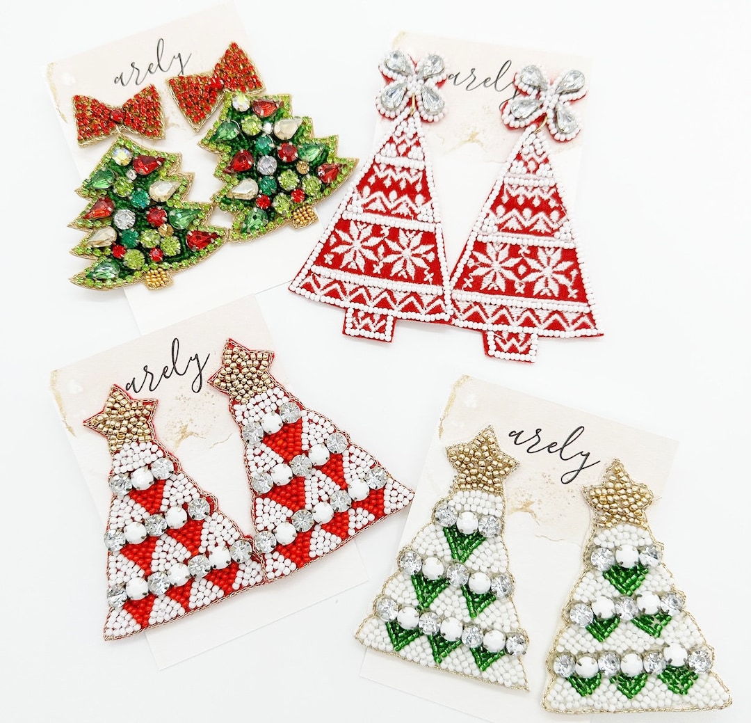 Christmas Earrings, Christmas Tree Earrings, Beaded Christmas Earrings ...