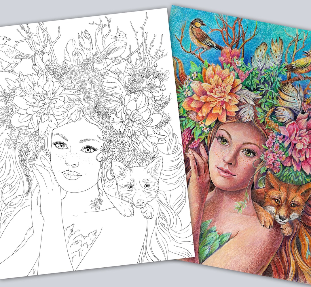 Dryad Girl and Fox Coloring Page: Printable Portrait (digital Download ...