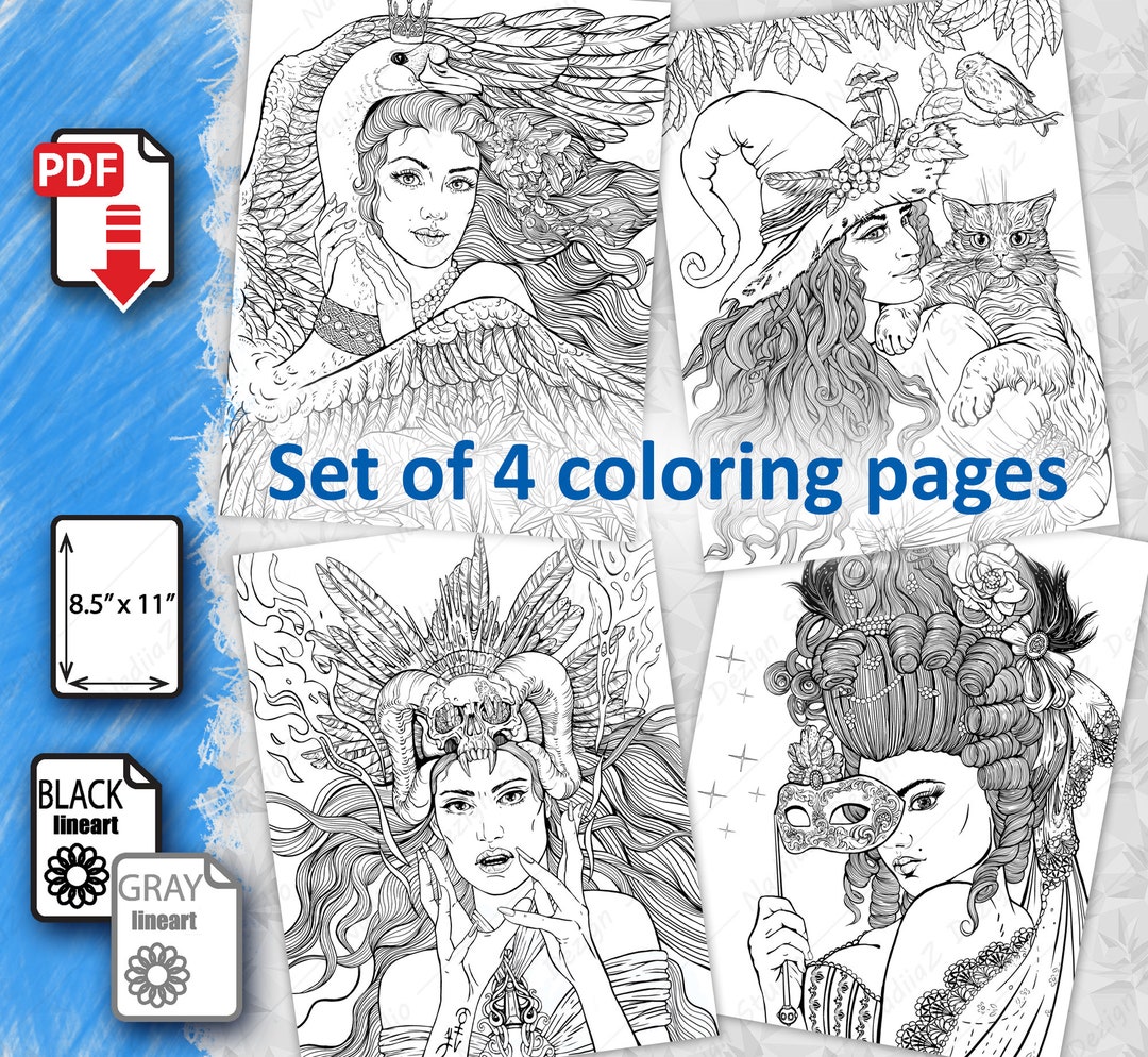 Conjunto nº 2 de 4 páginas para colorir retratos de uma garota no ...