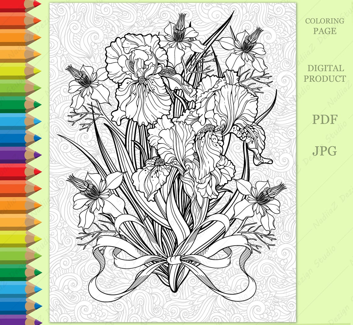 Coloring Page of Irises PDF Coloring Page Printable Coloring | Etsy