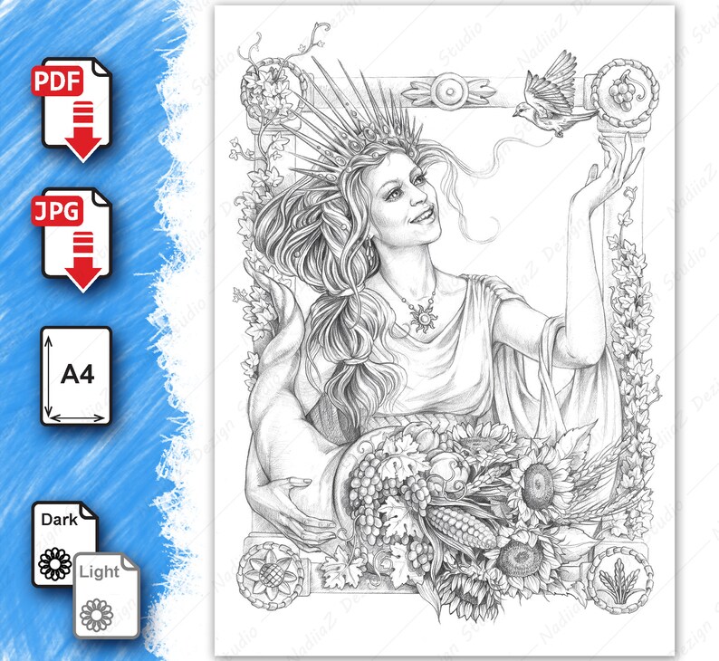 Grayscale Portrait Coloring Page: Girl With Cornucopia (PDF) - Etsy