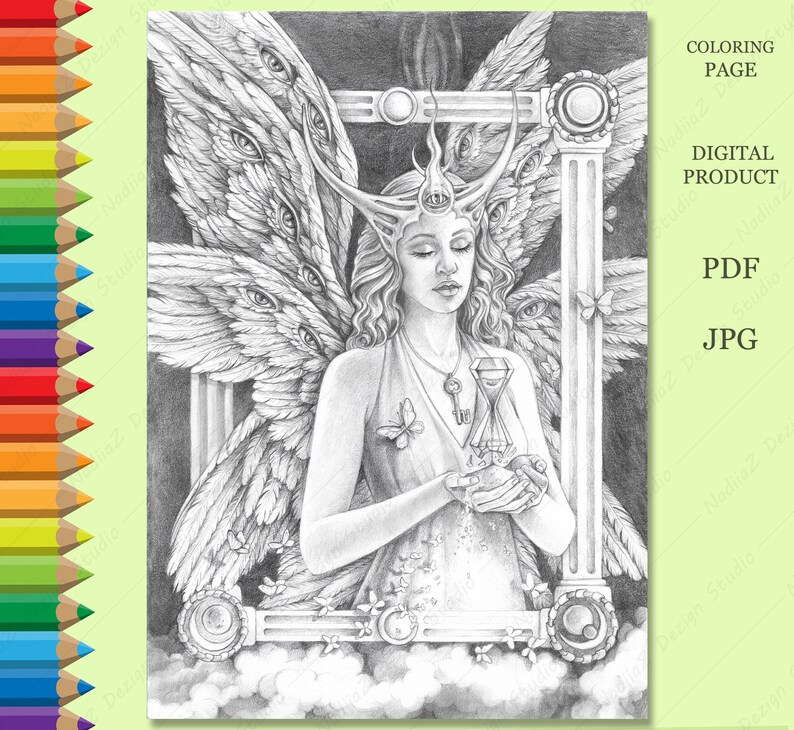 Grayscale Goddess Coloring Page – Nyx With Hourglass and Third Eye ...
