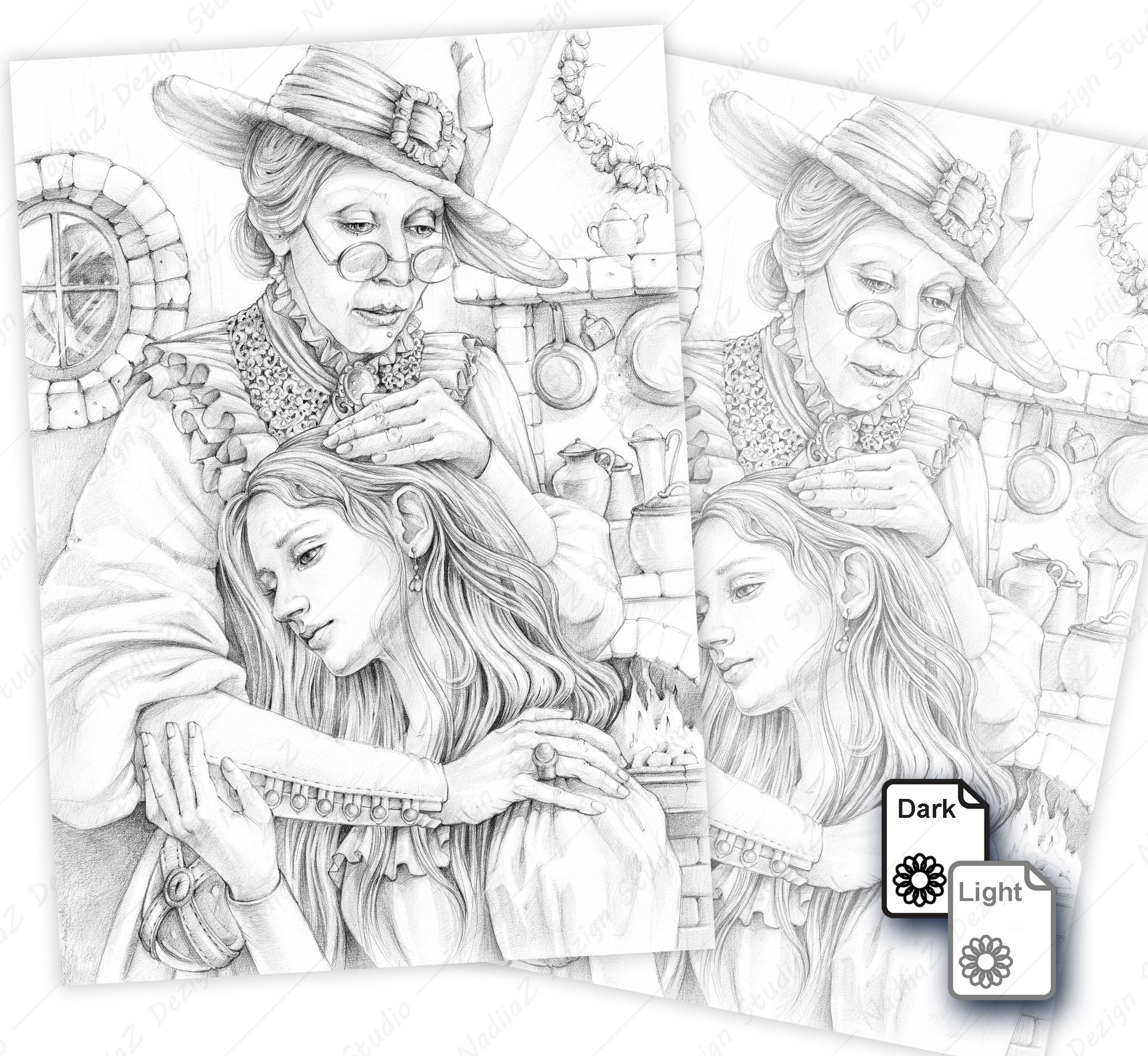 Emotional Witch Hug Coloring Page – Grayscale Fantasy Art PDF & JPG ...
