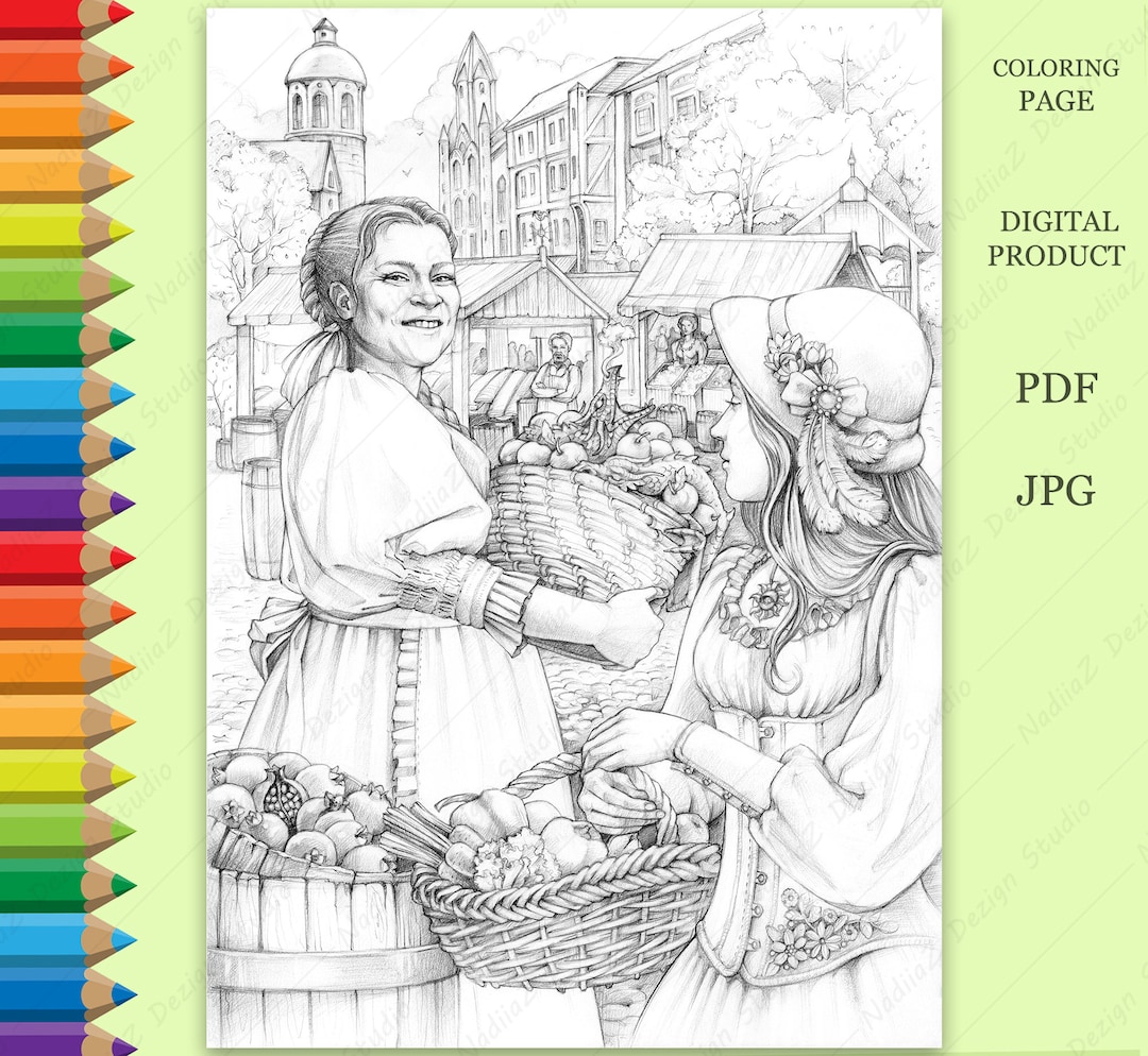 Adult Coloring Page of Grayscale Portrait of a Girl With a Basket in ...