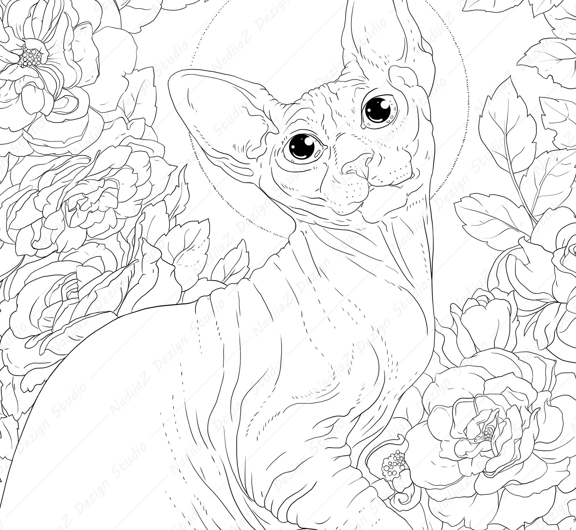 Coloring Page With Cat and Roses PDF Coloring Page Printable | Etsy