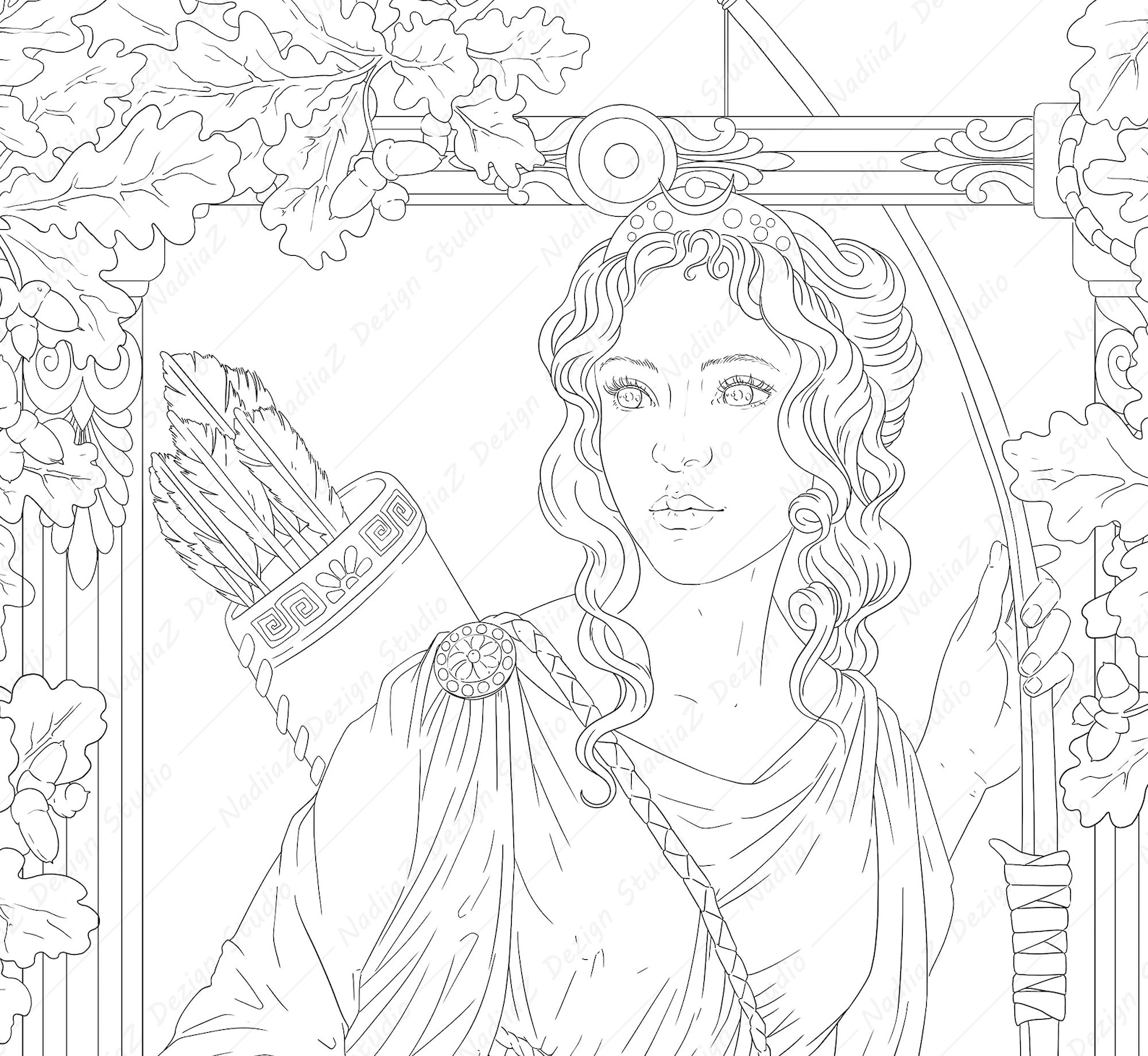 Adult Coloring Page of Portrait of Goddess Artemis With Dogs. - Etsy