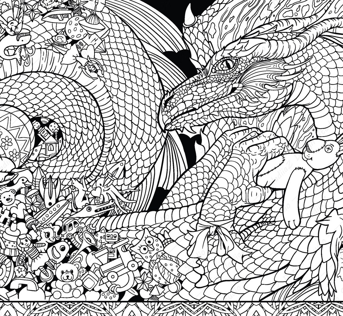 Adult Fantasy Coloring Page of Dragon With Toys PDF - Etsy