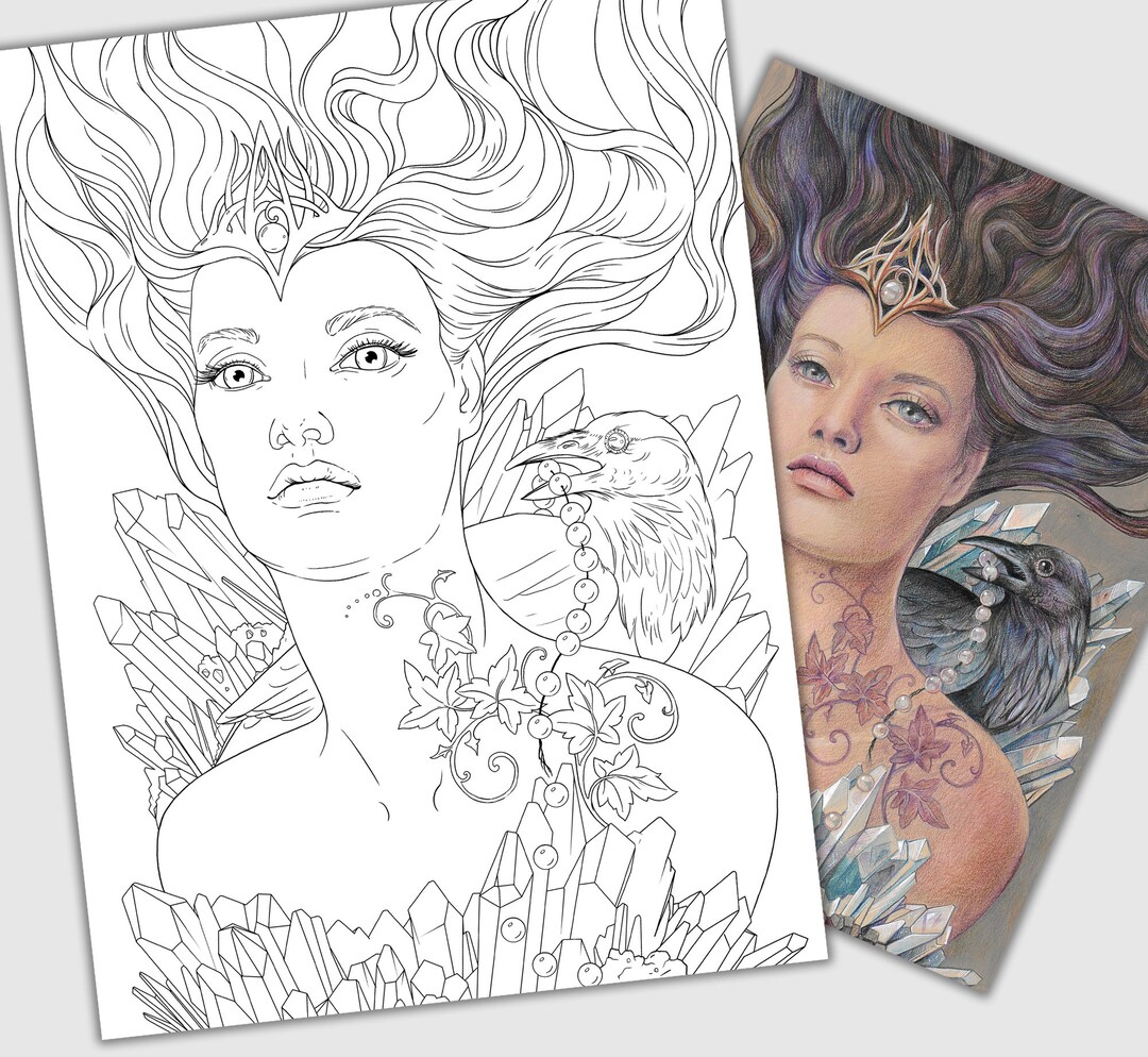 Portrait of a Girl With Raven. PDF Coloring Page, Printable Coloring ...